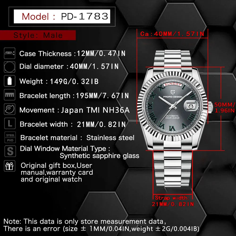 PAGANI DESIGN PD-1783 - 40mm - Siva - Rolex Day-Date Homage – EDC ...